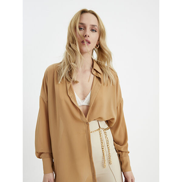 Sateen Önden Düğme Kapamalı Düz Uzun Kollu Oversize Kadın Gömlek