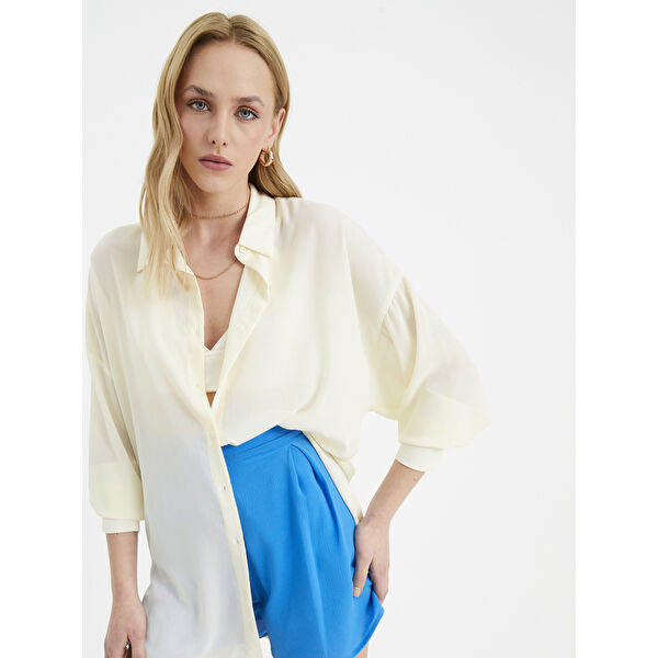 Sateen Önden Düğme Kapamalı Düz Uzun Kollu Oversize Kadın Gömlek