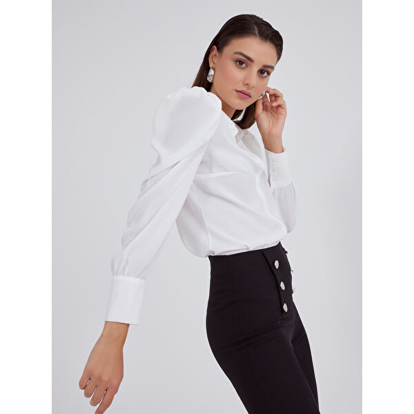 Sateen Önden Düğme Kapamalı Düz Uzun Kollu Kadın Gömlek