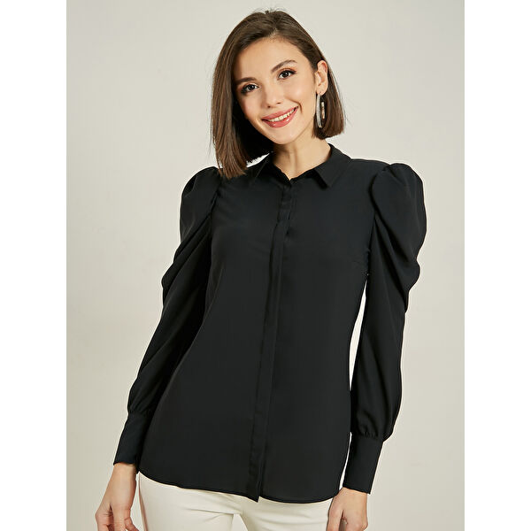 Sateen Önden Düğme Kapamalı Düz Uzun Kollu Kadın Gömlek