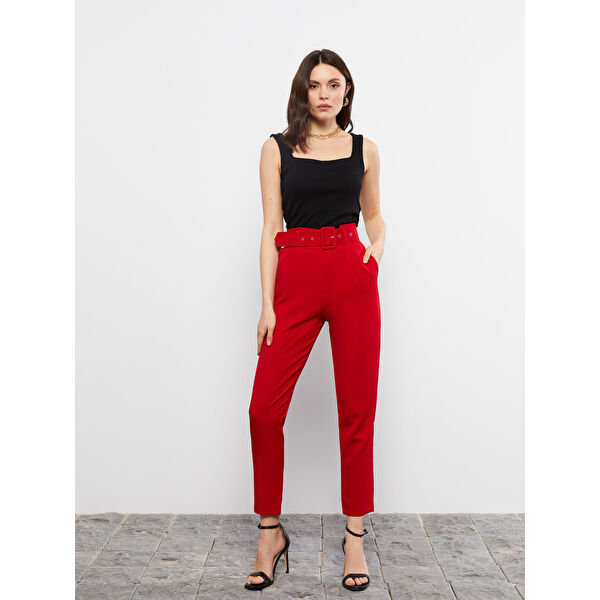 Sateen Beli Kemerli Havuç Kalıp Düz Kadın Pantolon