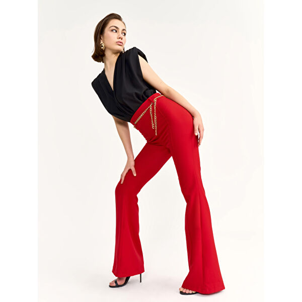 Sateen Skinny Fit Düz Zincir Kemerli İspanyol Paça Kadın Pantolon