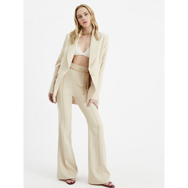 Sateen Skinny Fit Düz Zincir Kemerli İspanyol Paça Kadın Pantolon