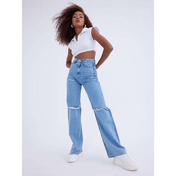 Sateen Standart Fit Düz Yırtık Detaylı Kadın Jean Pantolon