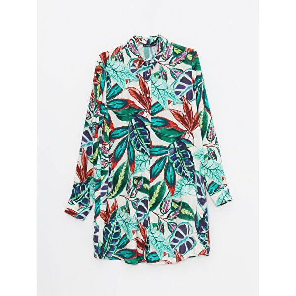 Gömlek Yaka Desenli Uzun Kollu Viskon Kadın Tunik