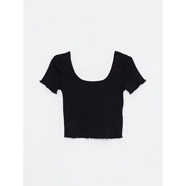 LCW CASUAL U Yaka Düz Kısa Kollu Crop Kadın Tişört