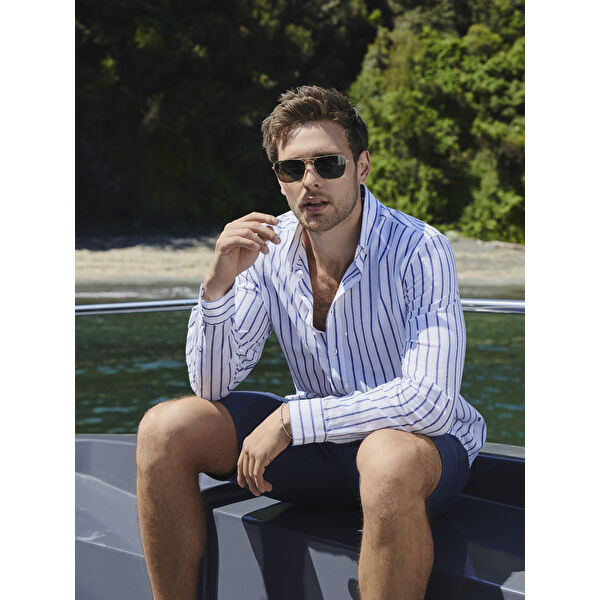 Regular Fit Uzun Kollu Çizgili Keten Erkek Gömlek