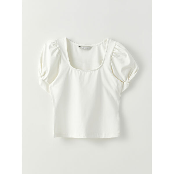 U Yaka Düz Kısa Kollu Bürümcük Kadın Bluz