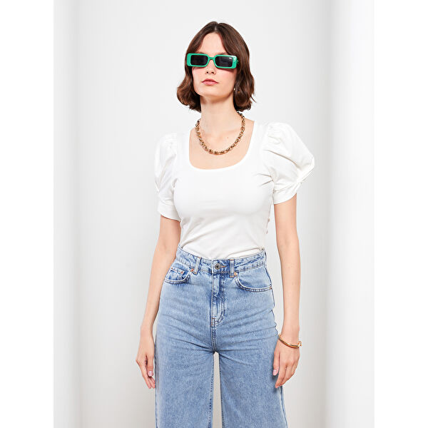 U Yaka Düz Kısa Kollu Bürümcük Kadın Bluz