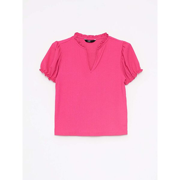 Kaçık Yaka Düz Kısa Kollu Bürümcük Kadın Tişört