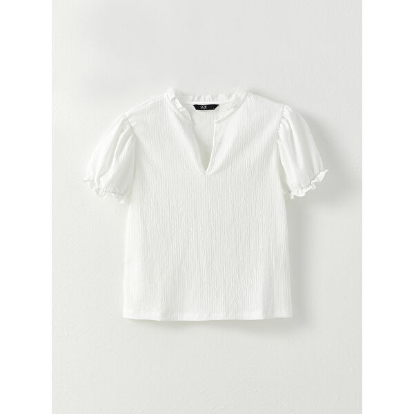 Kaçık Yaka Düz Kısa Kollu Bürümcük Kadın Tişört