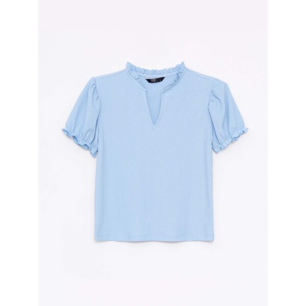 Kaçık Yaka Düz Kısa Kollu Bürümcük Kadın Tişört