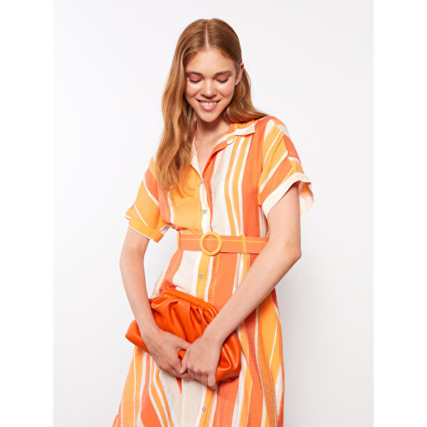 Gömlek Yaka Çizgili Kısa Kollu Kadın Elbise