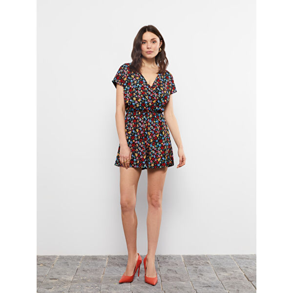 Busem Kruvaze Yaka Desenli Kısa Kollu Kadın Tulum