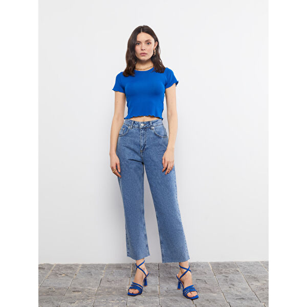 Busem Bisiklet Yaka Düz Kısa Kollu Crop Kadın Bluz