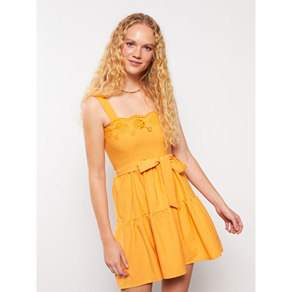 Kare Yaka Nakışlı Kolsuz Poplin Kadın Elbise