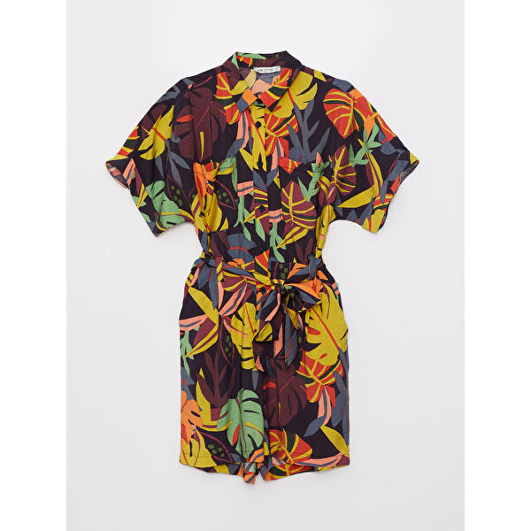 Gömlek Yaka Desenli Kısa Kollu Kadın Tulum