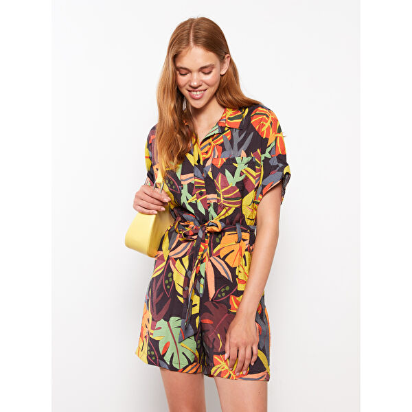 Gömlek Yaka Desenli Kısa Kollu Kadın Tulum