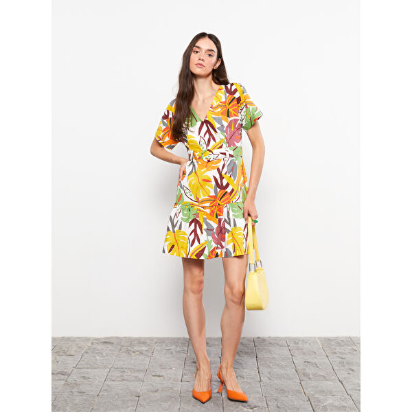 V Yaka Desenli Kısa Kollu Poplin Kadın Elbise