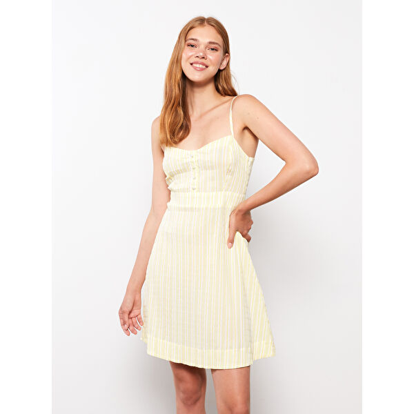 Kalp Yaka Çizgili Askılı Poplin Kadın Elbise