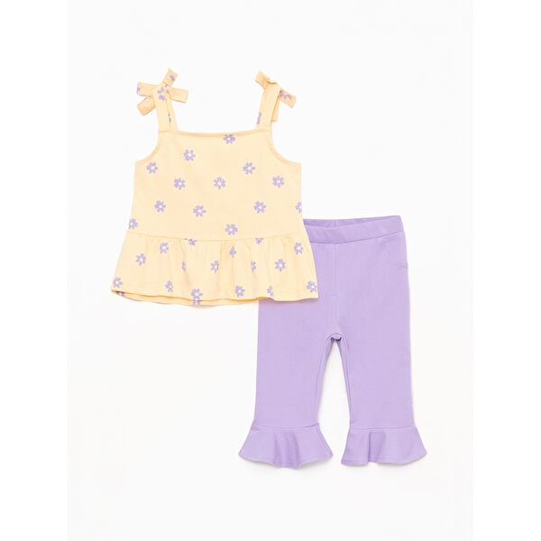 Kare Yaka Askılı Baskılı Kız Bebek Bluz ve Pantolon 2'li Takım Kare Yaka Askılı Baskılı Kız Bebek Bluz ve Pantolon 2'li Takım