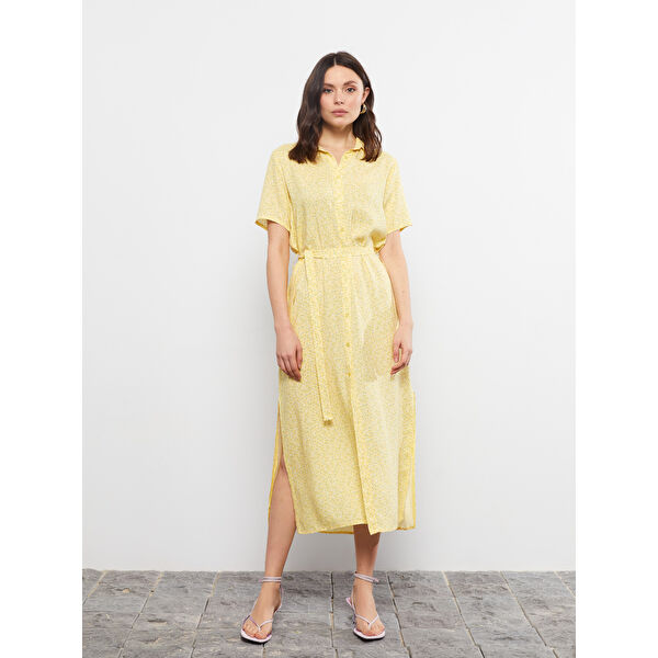 Busem Gömlek Yaka Çiçekli Kısa Kollu Viskon Kadın Elbise