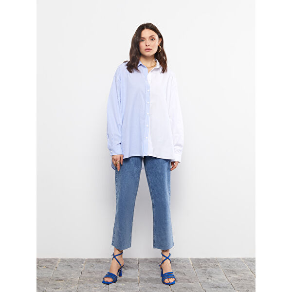 Busem Önden Düğme Kapamalı Renk Bloklu Uzun Kollu Oversize Viskon Kadın Gömlek Busem Önden Düğme Kapamalı Renk Bloklu Uzun Kollu Oversize Viskon Kadın Gömlek