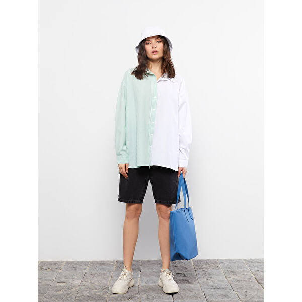 Busem Önden Düğme Kapamalı Renk Bloklu Uzun Kollu Oversize Viskon Kadın Gömlek Busem Önden Düğme Kapamalı Renk Bloklu Uzun Kollu Oversize Viskon Kadın Gömlek