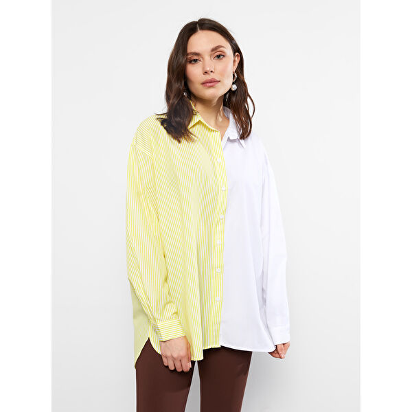 Busem Önden Düğme Kapamalı Renk Bloklu Uzun Kollu Oversize Viskon Kadın Gömlek Busem Önden Düğme Kapamalı Renk Bloklu Uzun Kollu Oversize Viskon Kadın Gömlek