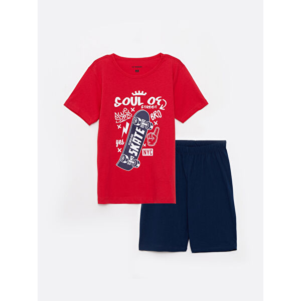 Bisiklet Yaka Baskılı Kısa Kollu Erkek Çocuk Şortlu Pijama Takımı