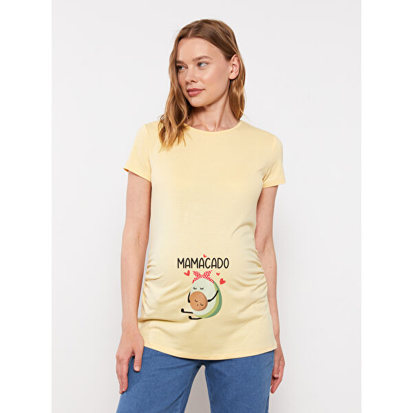 Bisiklet Yaka Baskılı Kısa Kollu Hamile Tişört