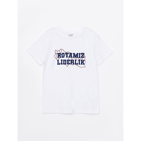 Bisiklet Yaka Yazı Baskılı Kısa Kollu Pamuklu Erkek Çocuk Tişört