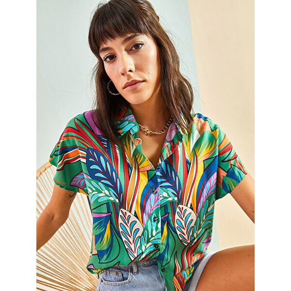 Shade Önden Düğme Kapamalı Desenli Kısa Kollu Kadın Viskon Gömlek