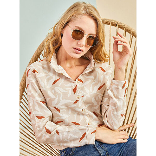 Shade Önden Düğme Kapamalı Desenli Uzun Kollu Viskon Kadın Gömlek