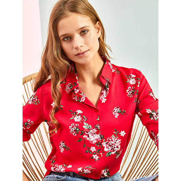 Shade Önden Düğme Kapamalı Çiçekli Keten Kadın Gömlek