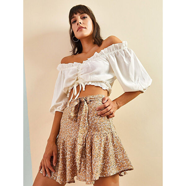 Shade Beli Kuşaklı Desenli Viskon Kadın Şort Etek