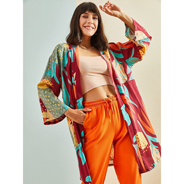Shade Şal Yaka Desenli Uzun Kollu Viskon Kadın Kimono