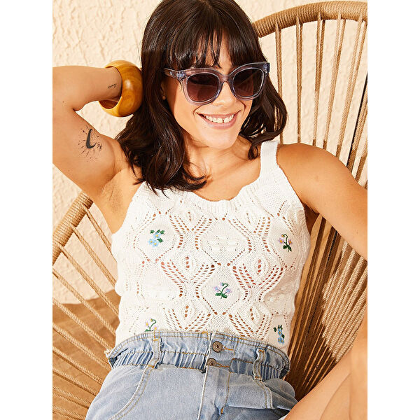 Shade U Yaka Ajurlu Askılı Kadın Crop Top Bluz