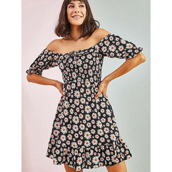 Shade Kayık Yaka Çiçekli Kısa Kollu Viskon Kadın Elbise