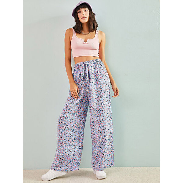 Shade Beli Kuşaklı Çiçekli Geniş Paça Viskon Kadın Pantolon