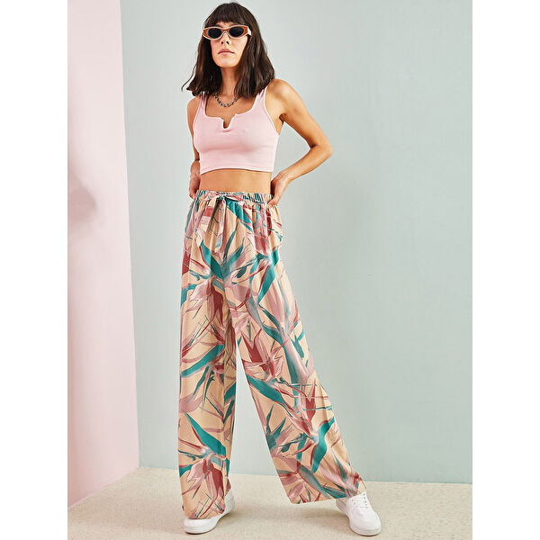 Shade Beli Kuşaklı Çiçekli Geniş Paça Viskon Kadın Pantolon