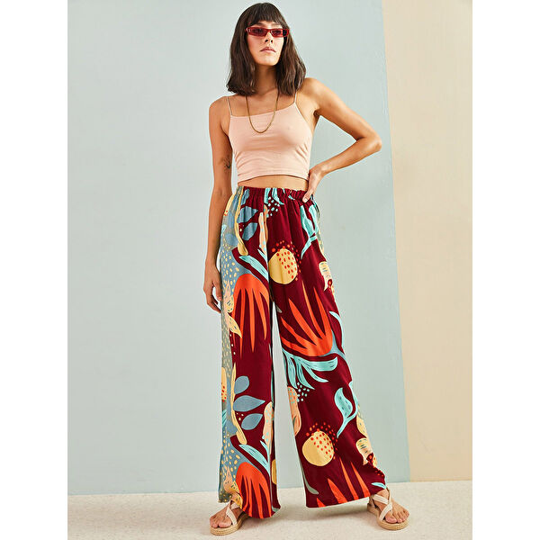 Shade Beli Lastikli Desenli Geniş Paça Viskon Kadın Pantolon