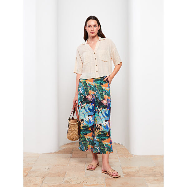 Beli Lastikli Desenli Viskon Kadın Capri