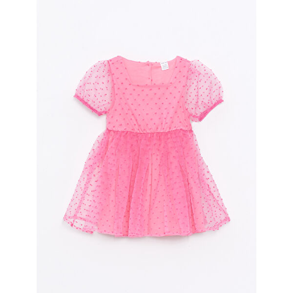 Kare Yaka Kısa Kollu Kendinden Desenli Kız Bebek Elbise Kare Yaka Kısa Kollu Kendinden Desenli Kız Bebek Elbise