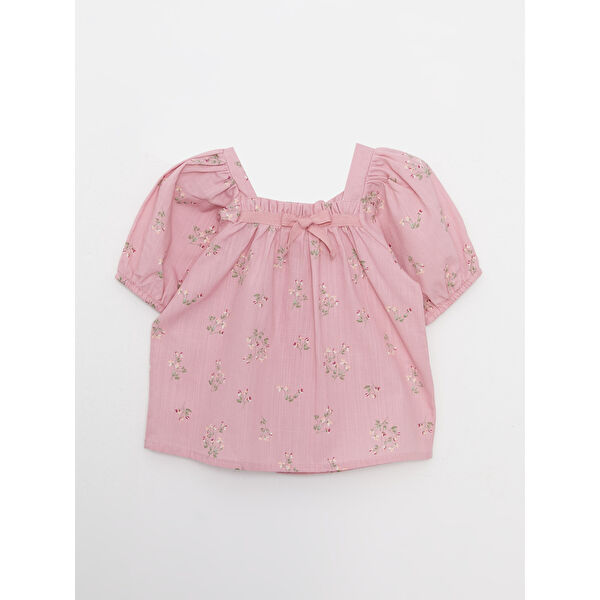 Kare Yaka Kısa Kollu Çizgili Pamuklu Kız Bebek Bluz