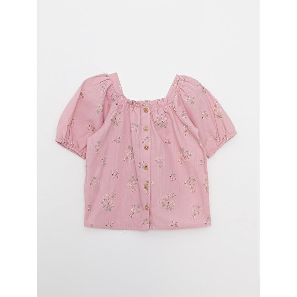 Kare Yaka Kısa Kollu Desenli Pamuklu Kız Bebek Bluz