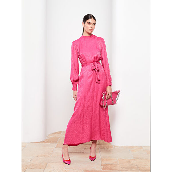 Dik Yaka Desenli Uzun Kollu Saten Kadın Elbise