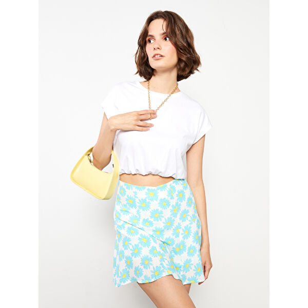 Beli Fermuarlı Çiçekli Viskon Kadın Şort Etek