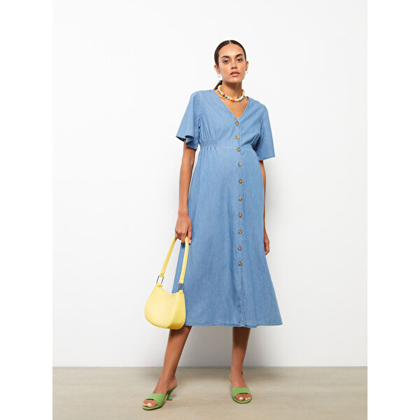 V Yaka Düz Kısa Kollu Hamile Rodeo Jean Elbise V Yaka Düz Kısa Kollu Hamile Rodeo Jean Elbise