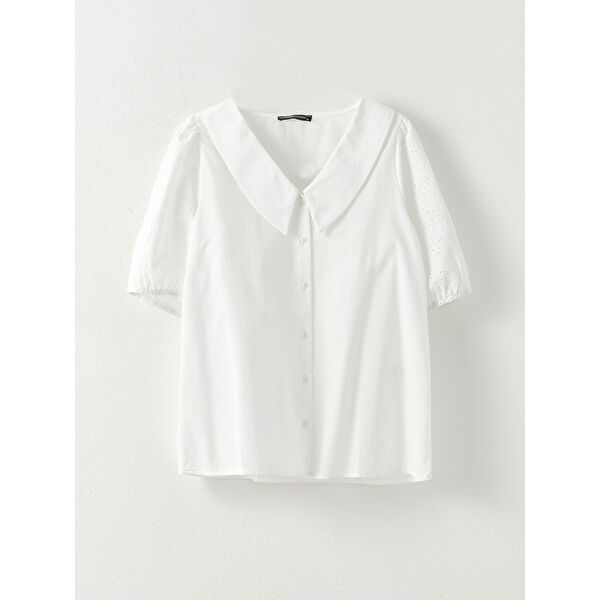 Bebe Yaka Kendinden Desenli Kısa Kollu Brode Kadın Bluz